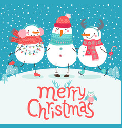 Cute snowmen couple hugging merry christmas card Vector Image