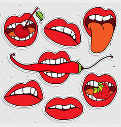 Lips sticker collection sexy lips with strawberry Vector Image