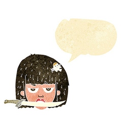 Cartoon woman holding knife between teeth Vector Image