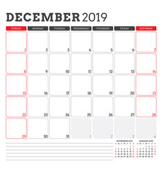 Calendar planner for december 2019 week starts on Vector Image