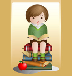 Happy girl student reading open book in library Vector Image