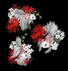 Seamless pattern with fish and flowers in graphic Vector Image