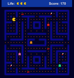 Pacman game with ghosts pill and cherry maze Vector Image