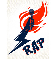 Rap music logo or emblem with microphone in hand Vector Image