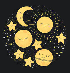 Cute cartoon space sun moon planets and stars Vector Image