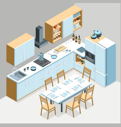 Kitchen interior isometric infographics Royalty Free Vector
