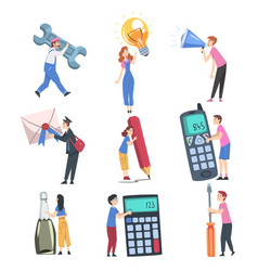 Tiny people characters holding huge objects young Vector Image
