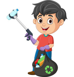 Cartoon boy collecting plastic garbage Royalty Free Vector