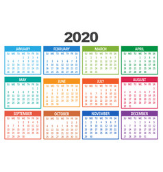 Yearly calendar 2020 week starts from monday Vector Image