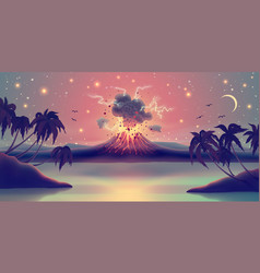 Sunny landscape with forest and lake over sunset Vector Image