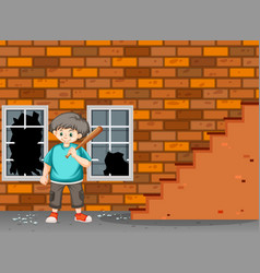 A boy break window with football Royalty Free Vector Image