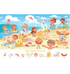 Pets on beach find 10 hidden objects Royalty Free Vector