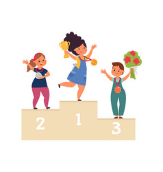 Boy win contest earn trophy and medal bw Vector Image