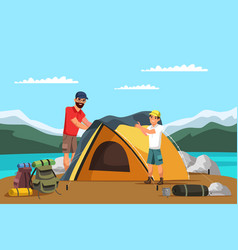 Father and son camping and cooking in camp bowler Vector Image