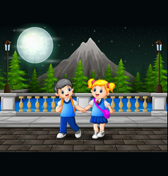 Border template with boys at night landscape Vector Image