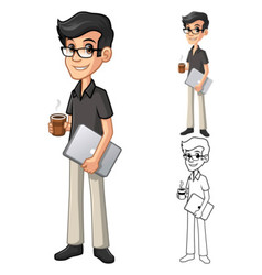 Geek with Glasses Playing a Notebook and Sit Pose Vector Image