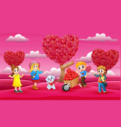 Happy kids holding a big heart with animal Vector Image