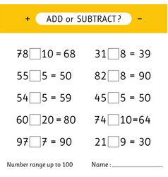 Add or subtract number range up to 100 Royalty Free Vector
