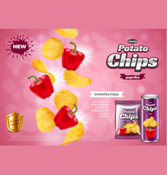 Chips ads hot chili pepper falling into fire Vector Image