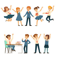 Cute pupils in grey school uniform having fun at Vector Image