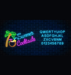 Neon summer cocktail bar sign on dark brick wall Vector Image