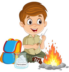 Cartoon scout with tent and camp fire Royalty Free Vector