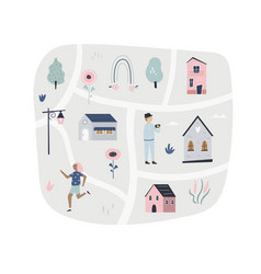 Cute city map with streets parks people Royalty Free Vector