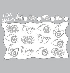 How many worksheet with many fruits Royalty Free Vector