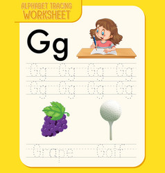 Alphabet tracing worksheet with letter g and g Vector Image