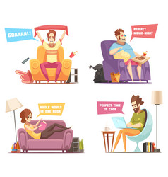 Sedentary lifestyle retro cartoon icons set Vector Image