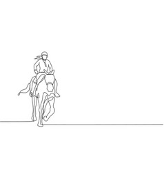 One continuous line drawing young horse rider Vector Image