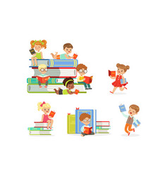Kids reading books and enjoying literature Vector Image