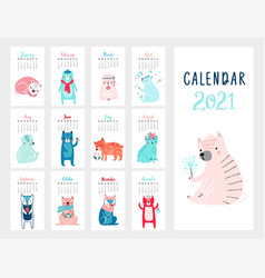 Calendar 2021 monthly calendar with cute animals Vector Image
