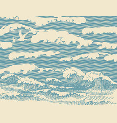 Seascape with hand-drawn sea waves in retro style Vector Image