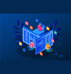 Isometric programmer coding new project sitting on