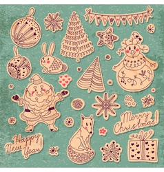 Vintage card with a set christmas items santa Vector Image