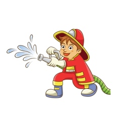 Fire fighter boy ready to spray with fire Vector Image