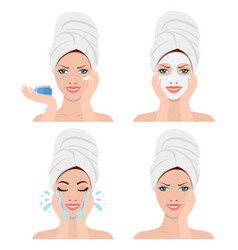 Woman showing four steps for washing face Vector Image