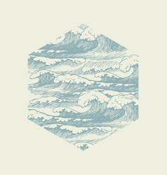 Seascape with hand-drawn sea waves in retro style Vector Image