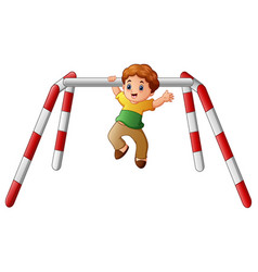 Little boy doing pull ups exercise Royalty Free Vector Image