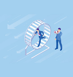 Isometric businessman running in a hamster wheel Vector Image