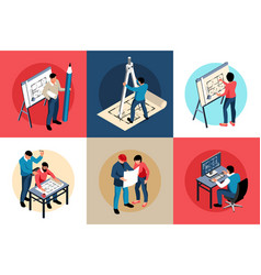 Construction workers isometric people Royalty Free Vector