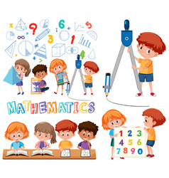 Math classroom objects with supplies and students Vector Image