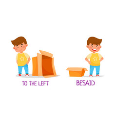 Cheerful boy standing at carton box as preposition