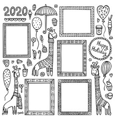 Set black doodle frames and giraffes Royalty Free Vector