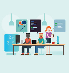 Person programmer working on laptop with program Vector Image