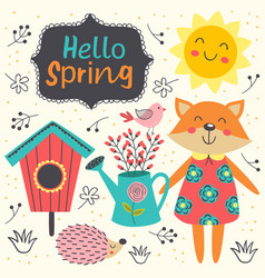 Spring card with beautiful bird in floral frame Vector Image