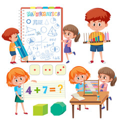 Math classroom objects with supplies and students Vector Image