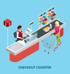 People at supermarket checkout counter Royalty Free Vector