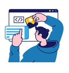 Cartoon programmer writes code workspace concept Vector Image